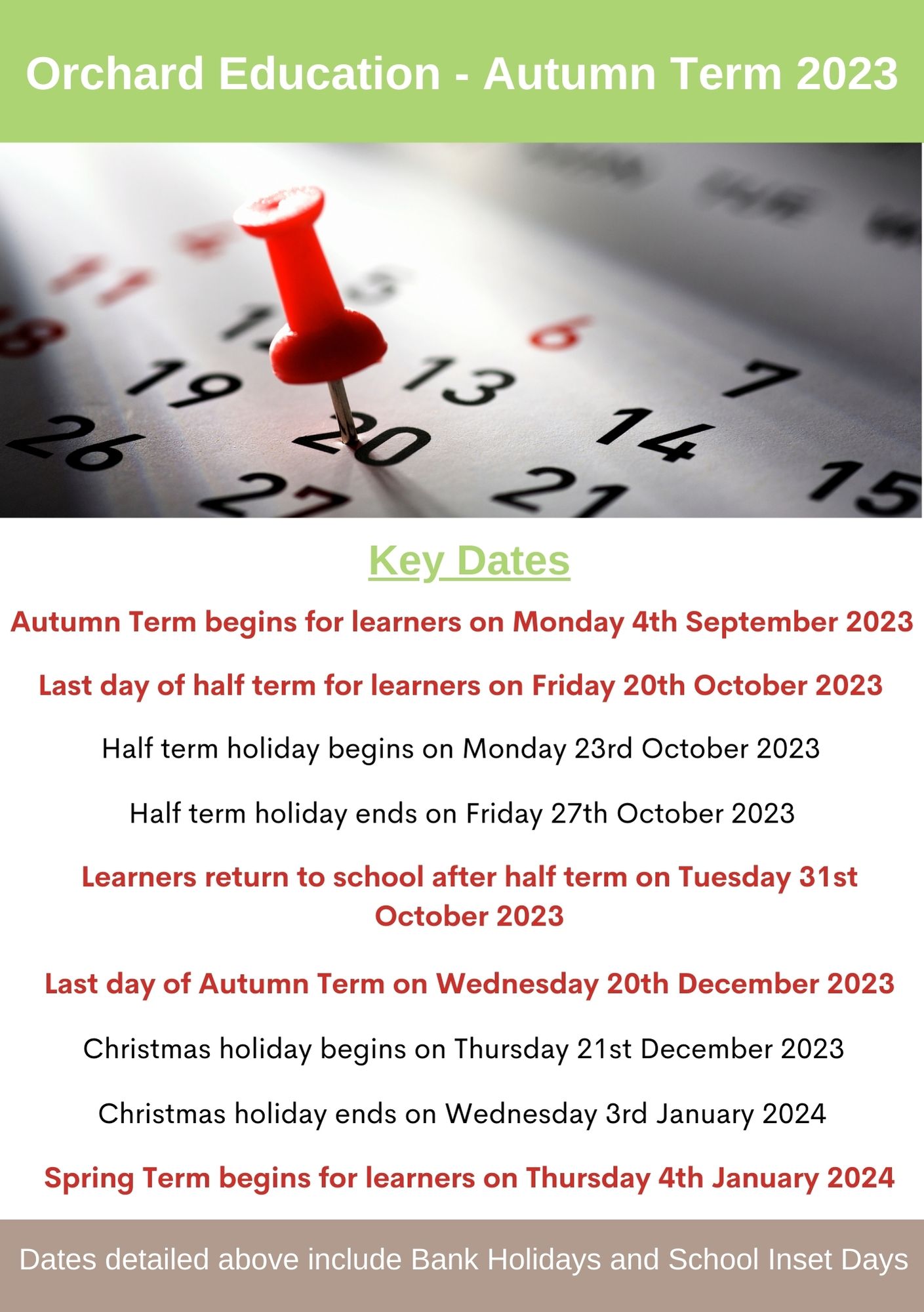 The School Day and Term Dates | Orchard Humber